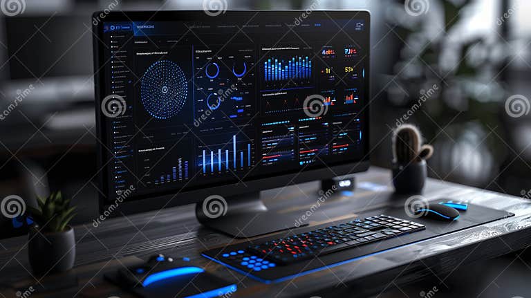 High-Tech Computer Setup in Modern Office with Data Analytics Dashboard ...