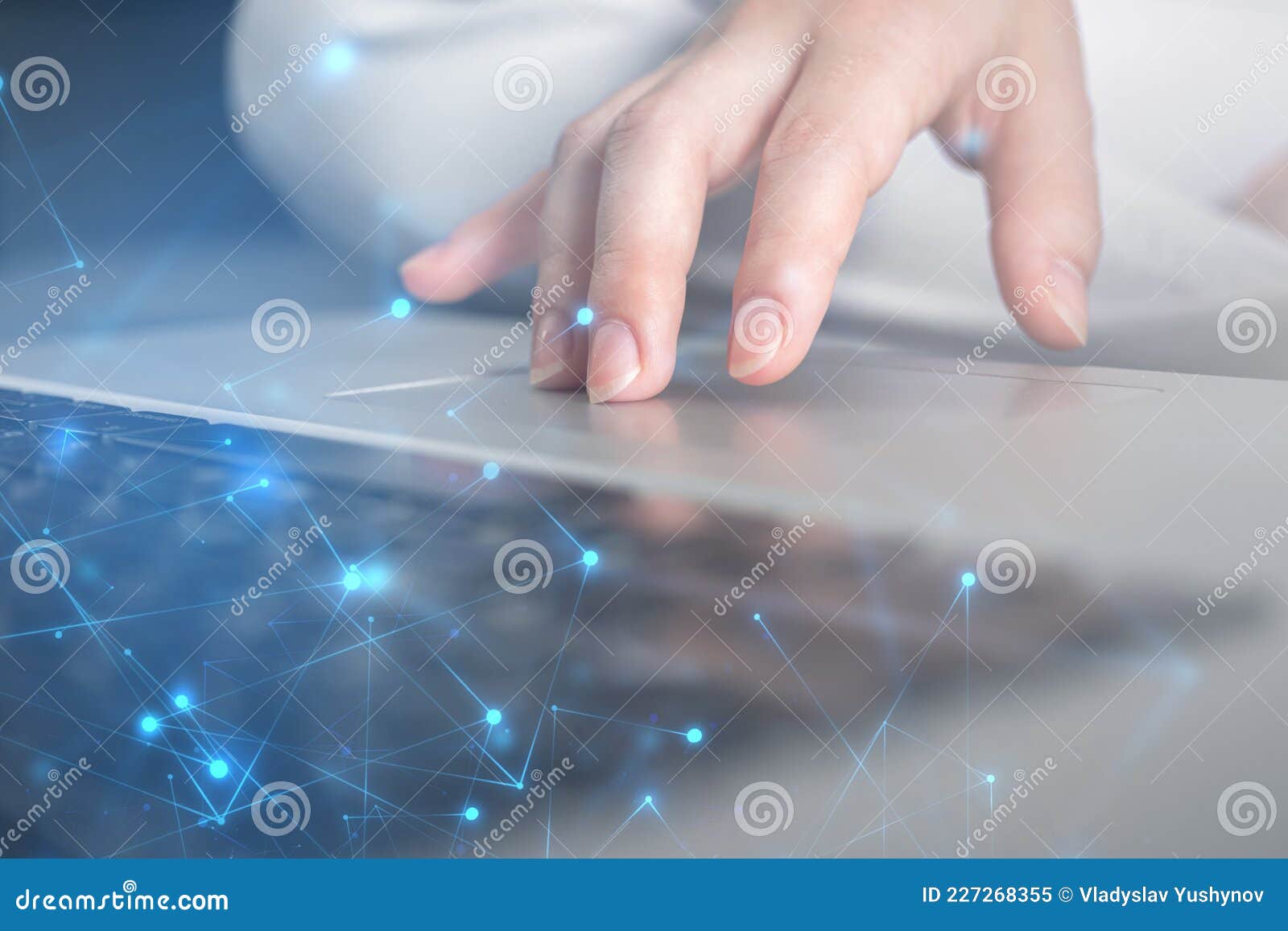 High Tech Concept. Woman Hand Working on Laptop Keyboard. Data Record ...
