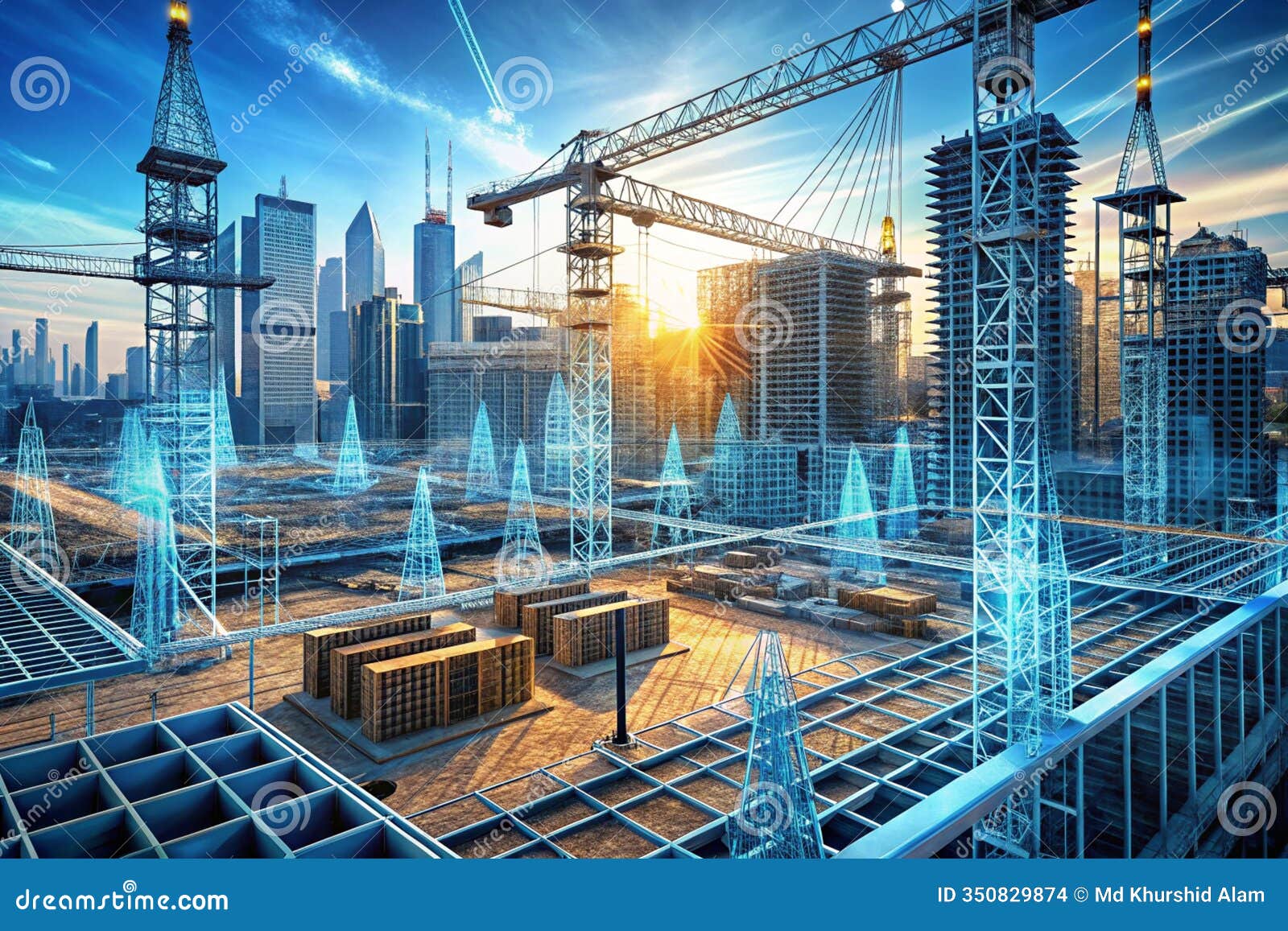 High Tech Construction Site Rendering Featuring Digital Grids and ...