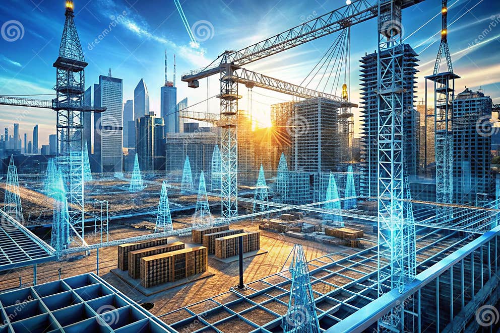 High Tech Construction Site Rendering Featuring Digital Grids and ...