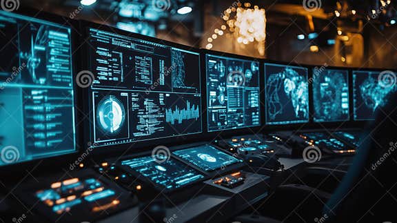 High-tech Control Center with Multiple Holographic Screens Displaying ...