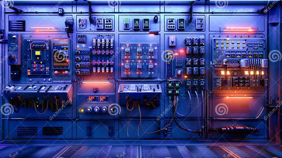 A High-tech Control Panel Illuminates with Blue Lighting, Showcasing an ...
