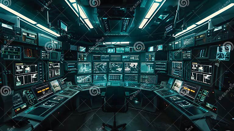 High-tech Control Room with Advanced Digital Screens Stock Illustration ...