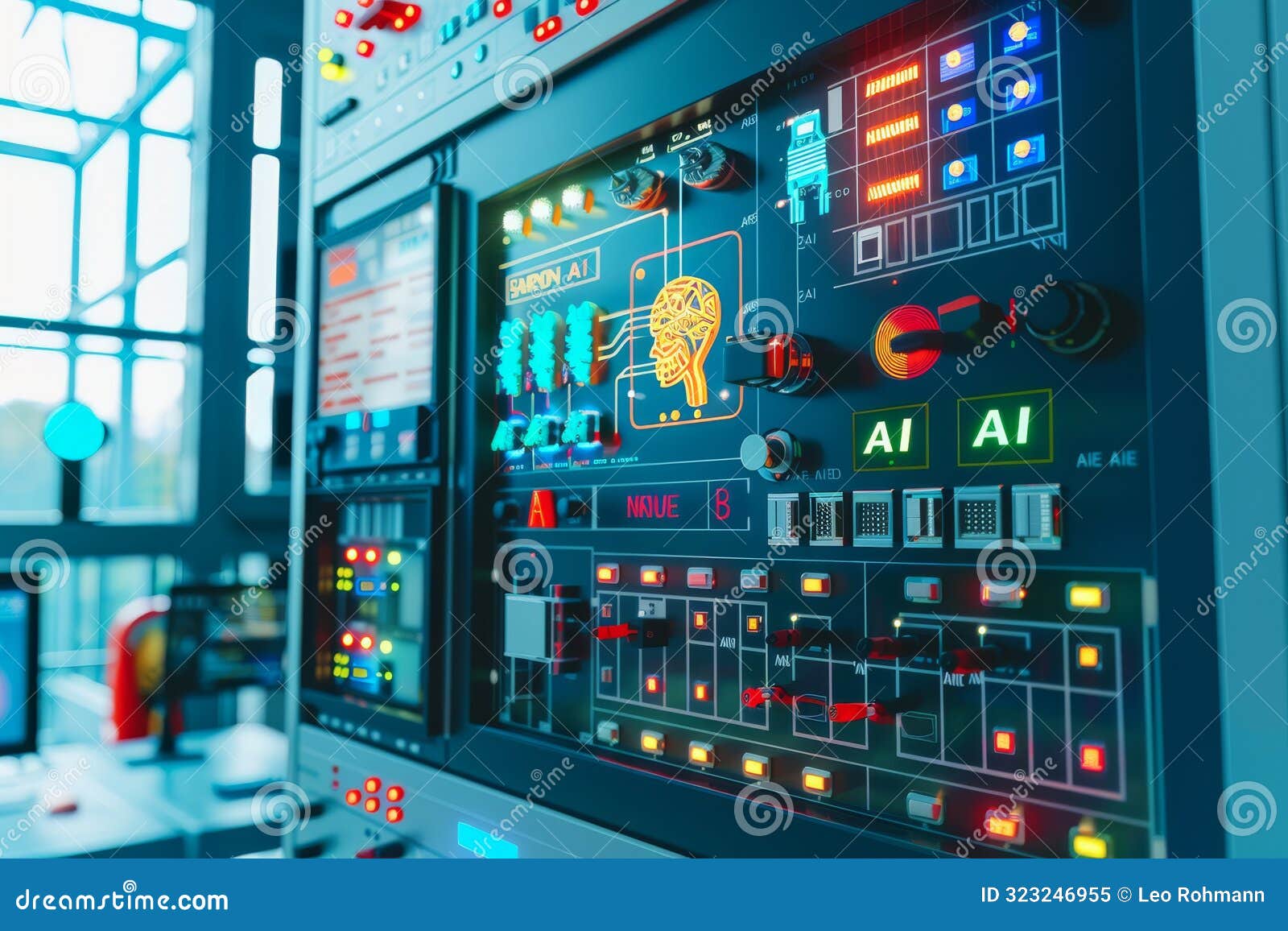 High Tech Control Room with AI Interfaces, Representing Advanced ...