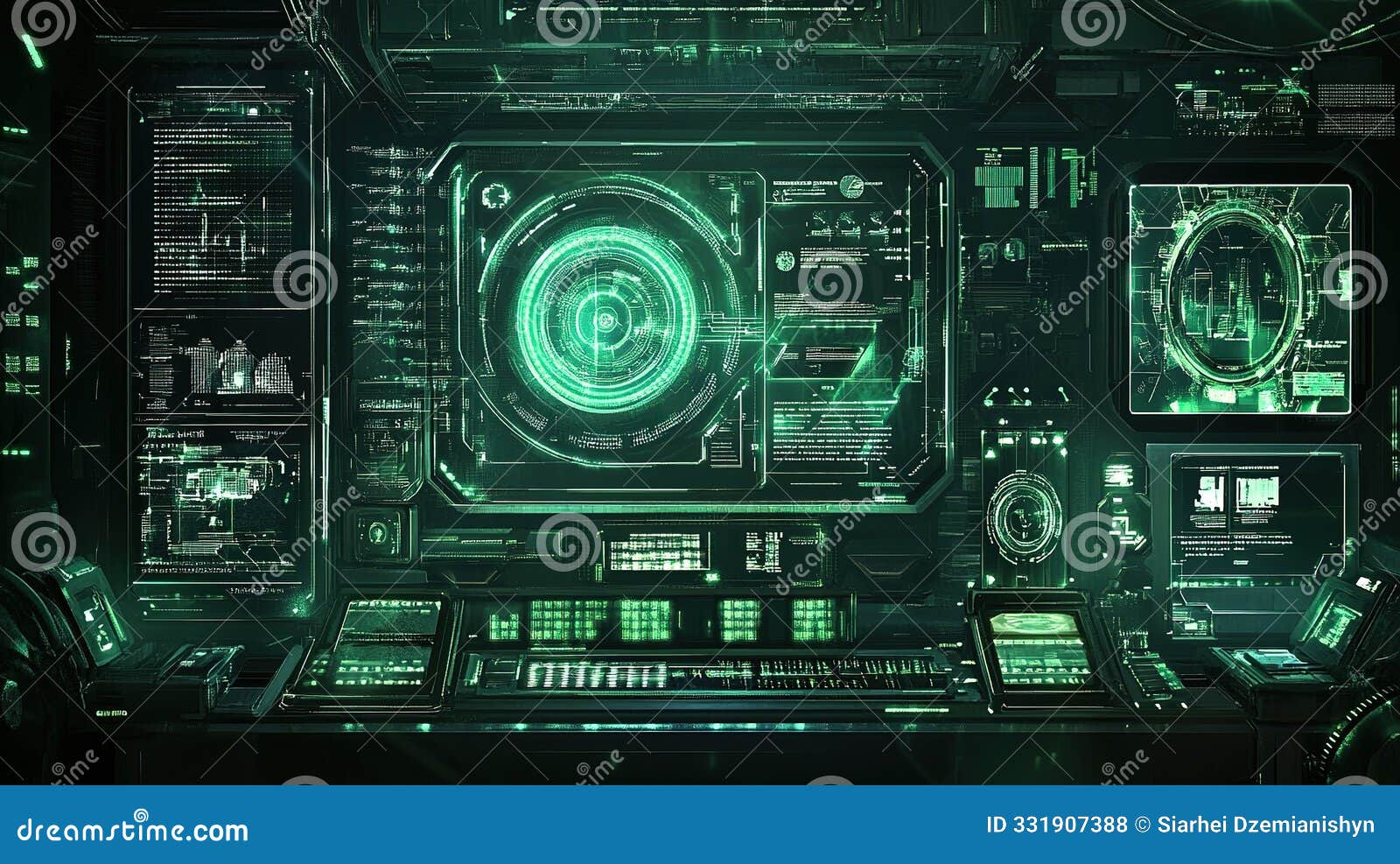 High-tech Control Room with Glowing Green Interfaces and Displays ...