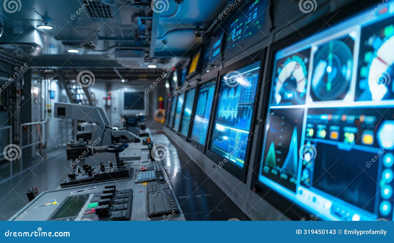 High-Tech Control Room Monitors Displaying Data on a Naval Vessel at ...