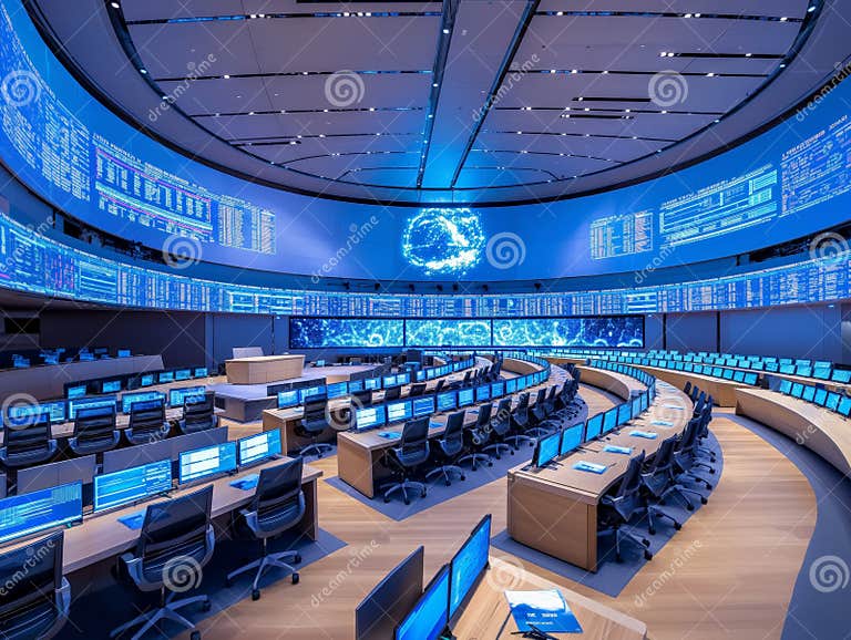 High-Tech Control Room with Multiple Monitors and Blue Lighting Stock ...
