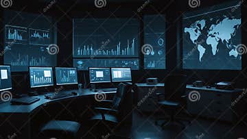 High-tech Control Room with Multiple Monitors Displaying Data, Charts ...