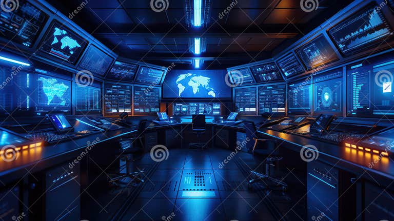 High-Tech Control Room with Multiple Monitors and World Map Display in Futuristic Setting Stock ...