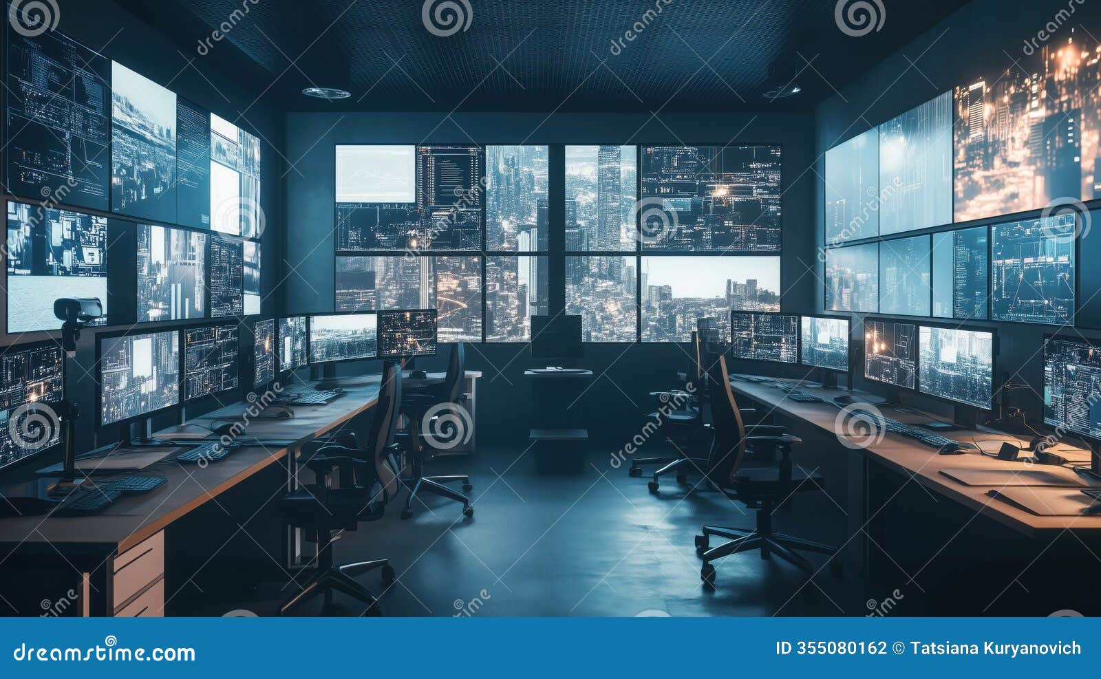 High-tech Control Room with Multiple Screens and City View Stock Photo ...