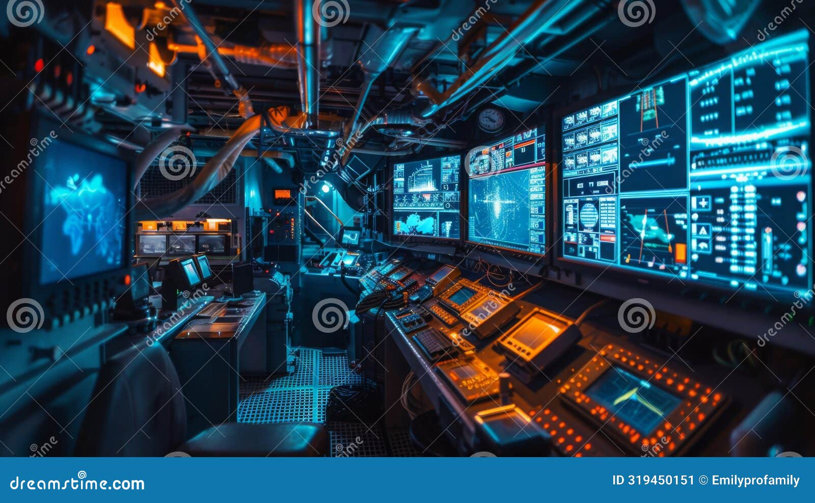 High-Tech Control Room at Night with Advanced Computer Systems and ...