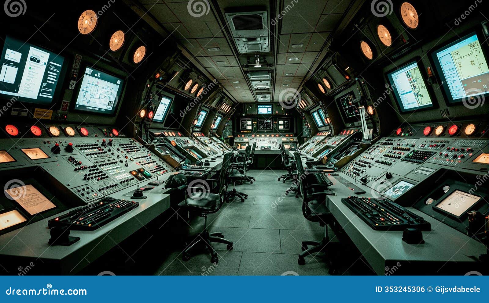High Tech Control Room in Nuclear Power Plant Rows of Buttons Glowing ...