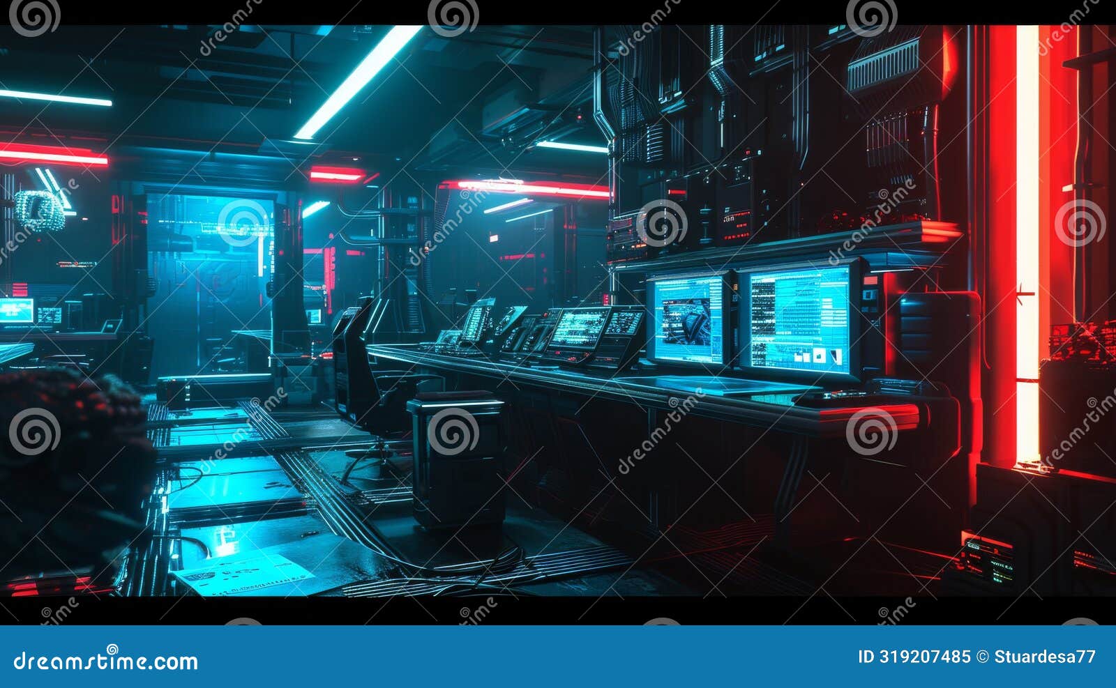 High-Tech Control Room with Red Lighting Stock Image - Image of ...