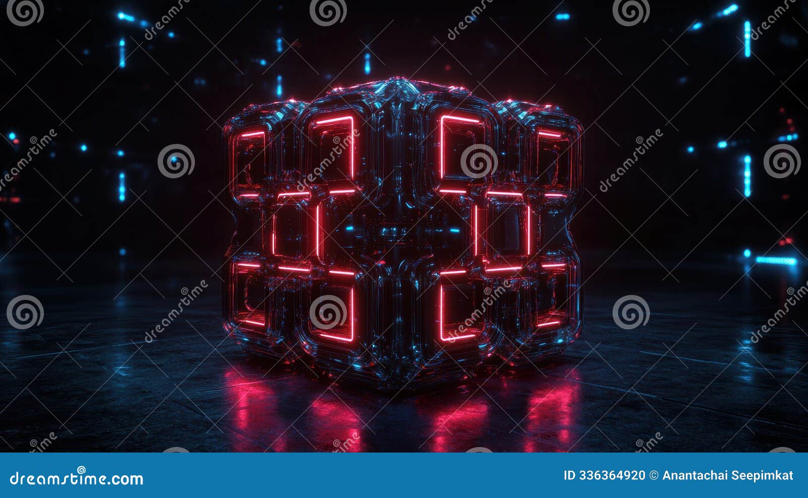 A High-tech Cube with Red and Blue Neon Lights in a Dark, Futuristic ...