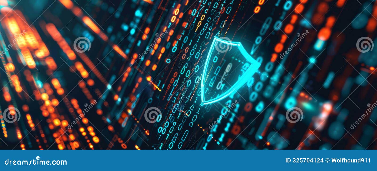 High-tech Cyber Security Background Featuring a Glowing Shield Icon, Binary Code, and Abstract ...