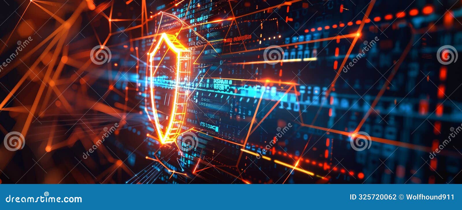 High-tech Cyber Security Background Featuring a Glowing Shield Icon, Binary Code, and Abstract ...