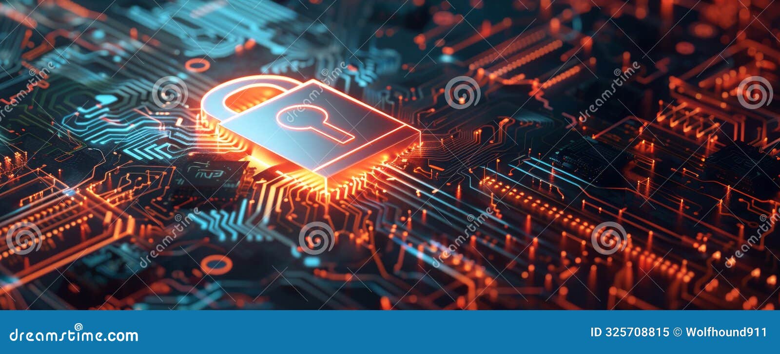 High-tech Cyber Security Theme with a Glowing Padlock, Circuit Patterns ...