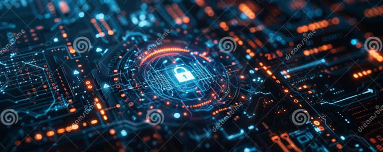 High-tech Cyber Security Theme with a Holographic Lock, Network Nodes ...
