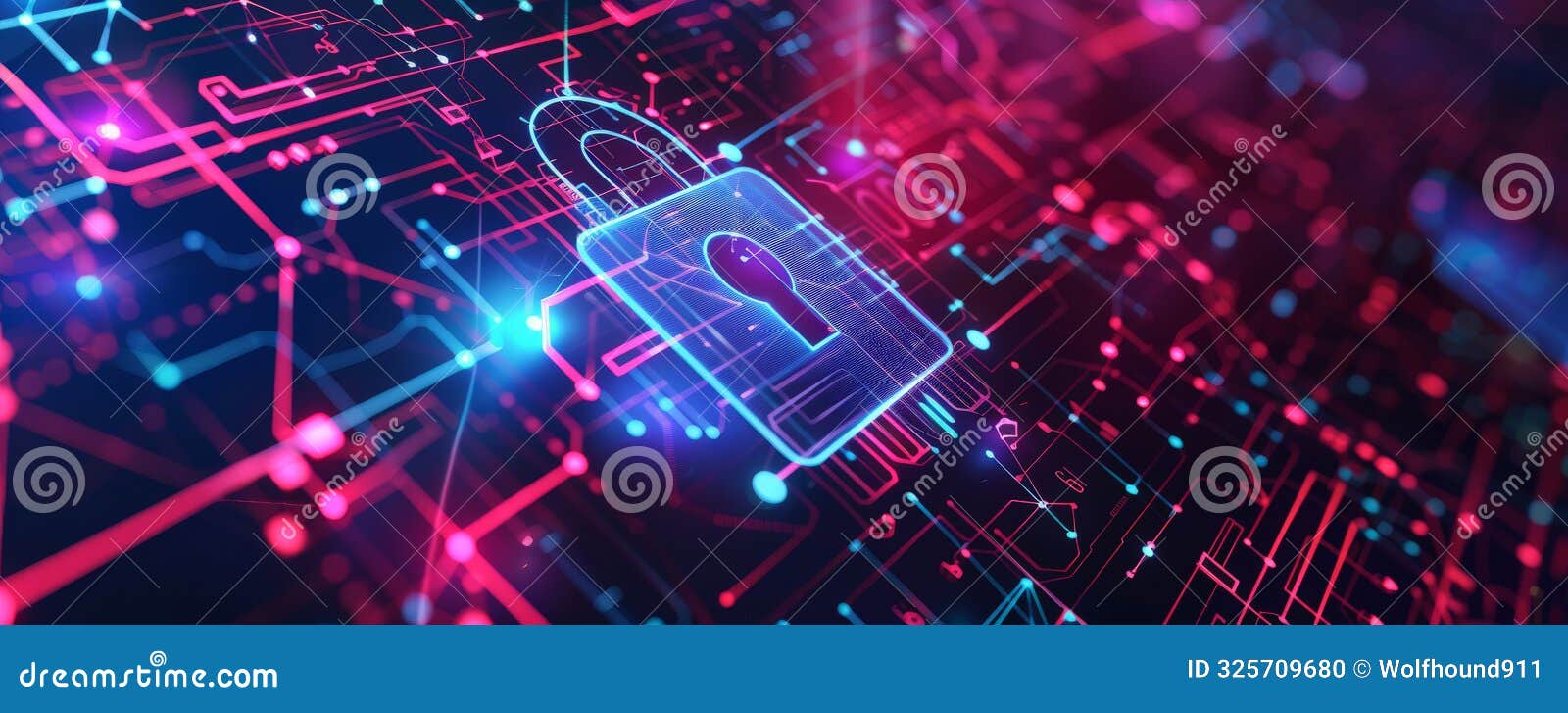 High-tech Cyber Security Theme with a Holographic Lock, Network Nodes ...