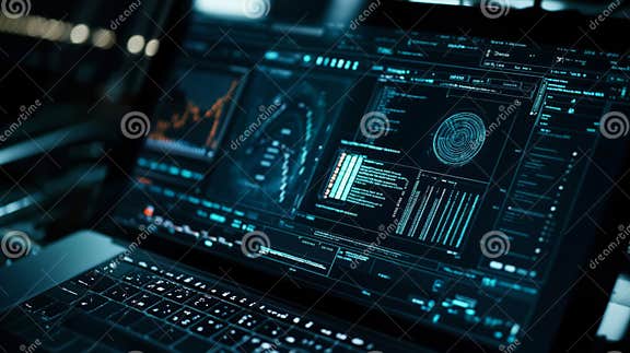 High-tech Cybersecurity Interface on Laptop Screen in Dark Office ...