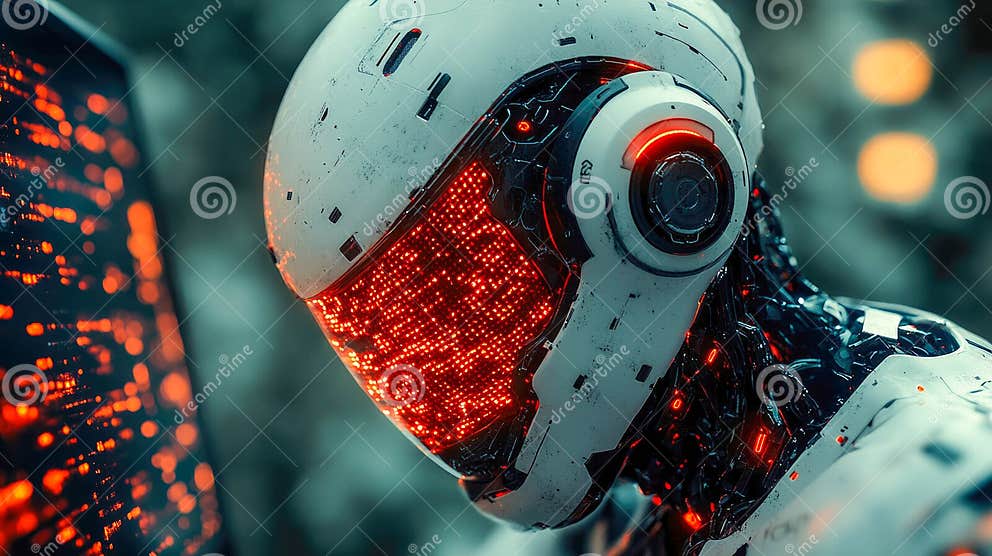 High-tech Cyborg with a Glowing Red Data Screen Helmet, Appearing ...