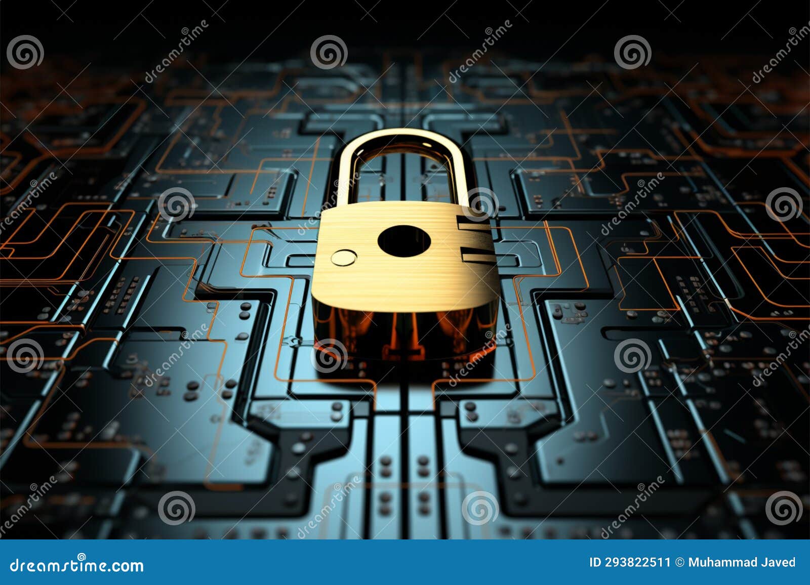High Tech 3D Rendering Metal Lock on a Digital Concept Backdrop Stock ...