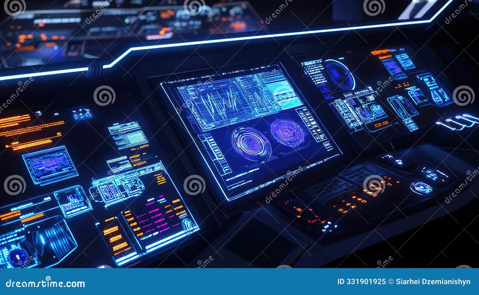 High-tech Dashboard Displaying Data Analytics in a Dark Control Room ...