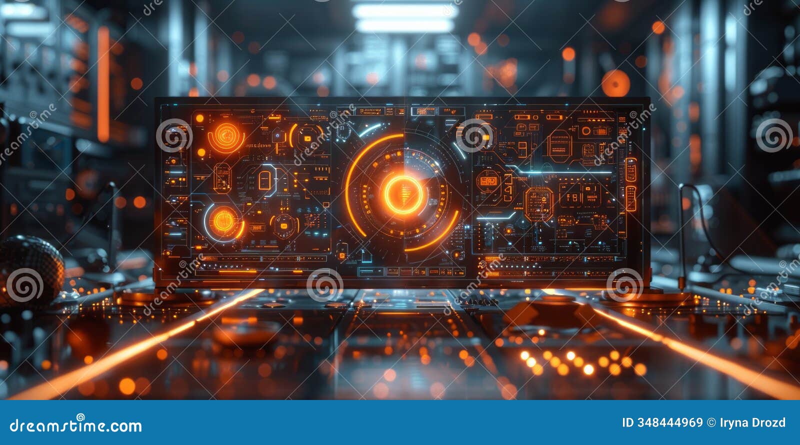 High-tech Dashboard with Glowing Orange and Blue Digital Interface ...