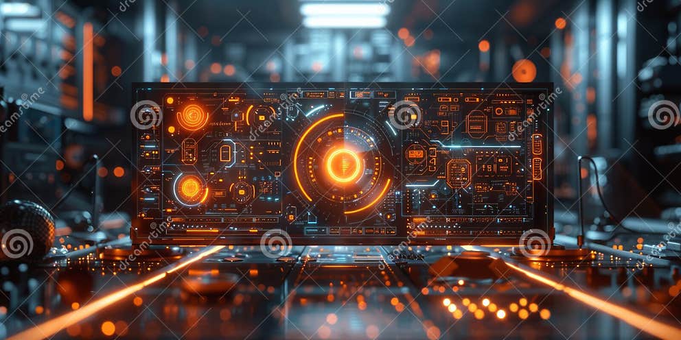 High-tech Dashboard with Glowing Orange and Blue Digital Interface ...
