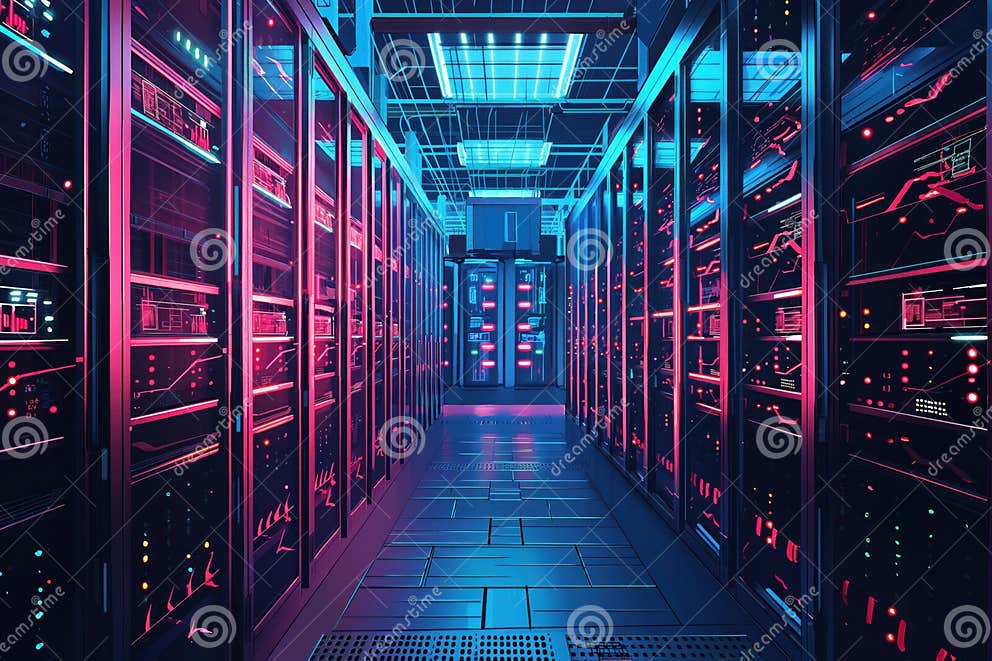 High-tech Data Center for AI Training with Rows of Server Racks Storing ...