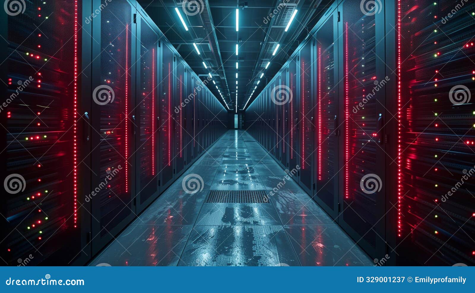 High-Tech Data Center Aisle with Glowing LED Lights at Night Stock ...