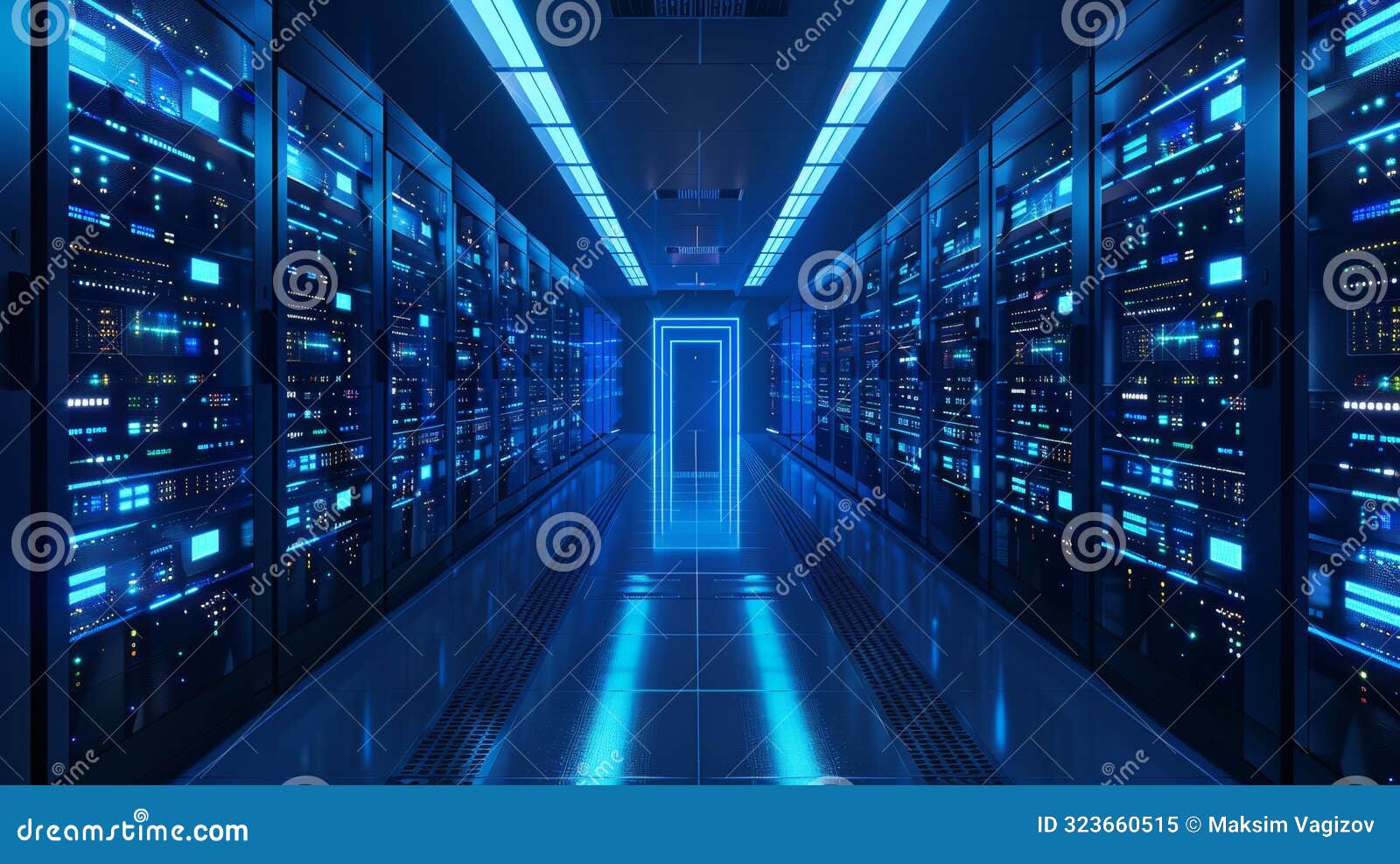 High-Tech Data Center with Blue Neon Lights, Generative AI Stock Image ...