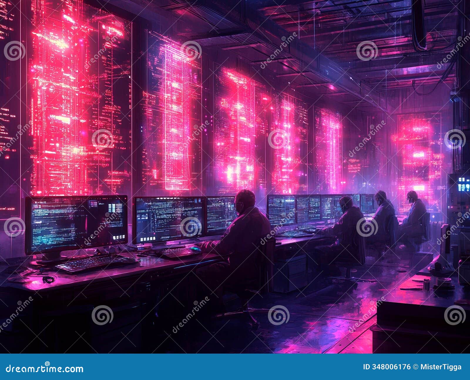 A High-tech Data Center or Command Room, Bustling with Three Engrossed ...