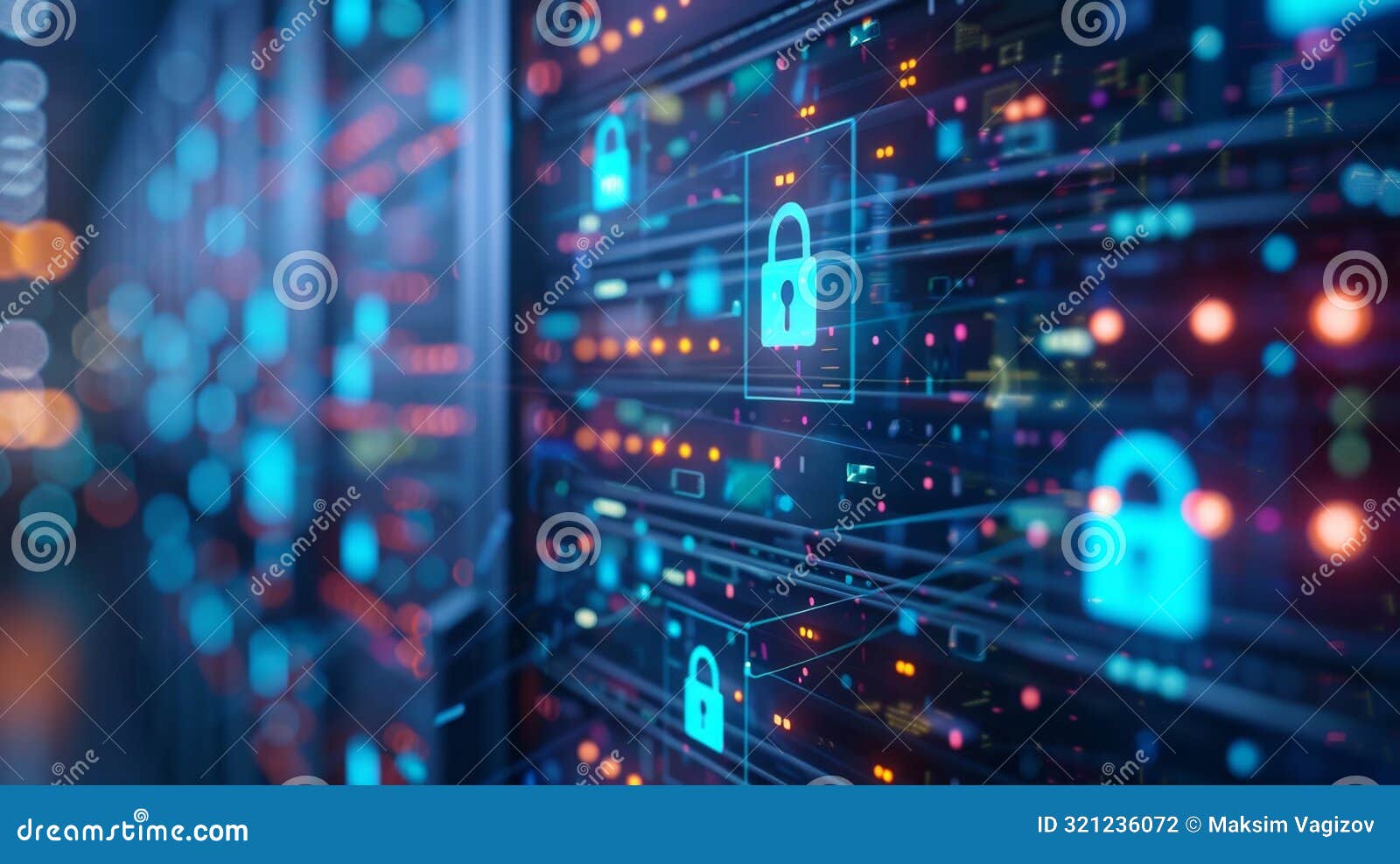Cybersecurity Data Center Concept with Locked Padlocks and Digital ...