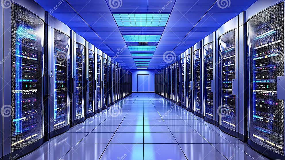 A High-tech Data Center Featuring Rows of Servers and Blue LED Lighting ...