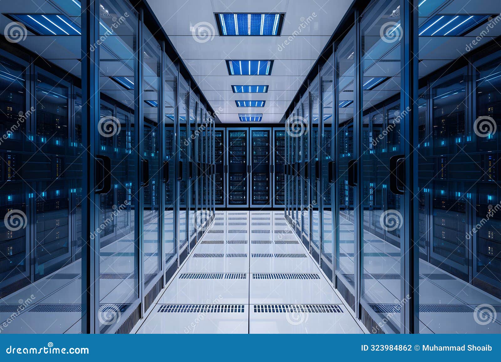 High Tech Data Center with Glass Server Cabinets, Blue Lights ...