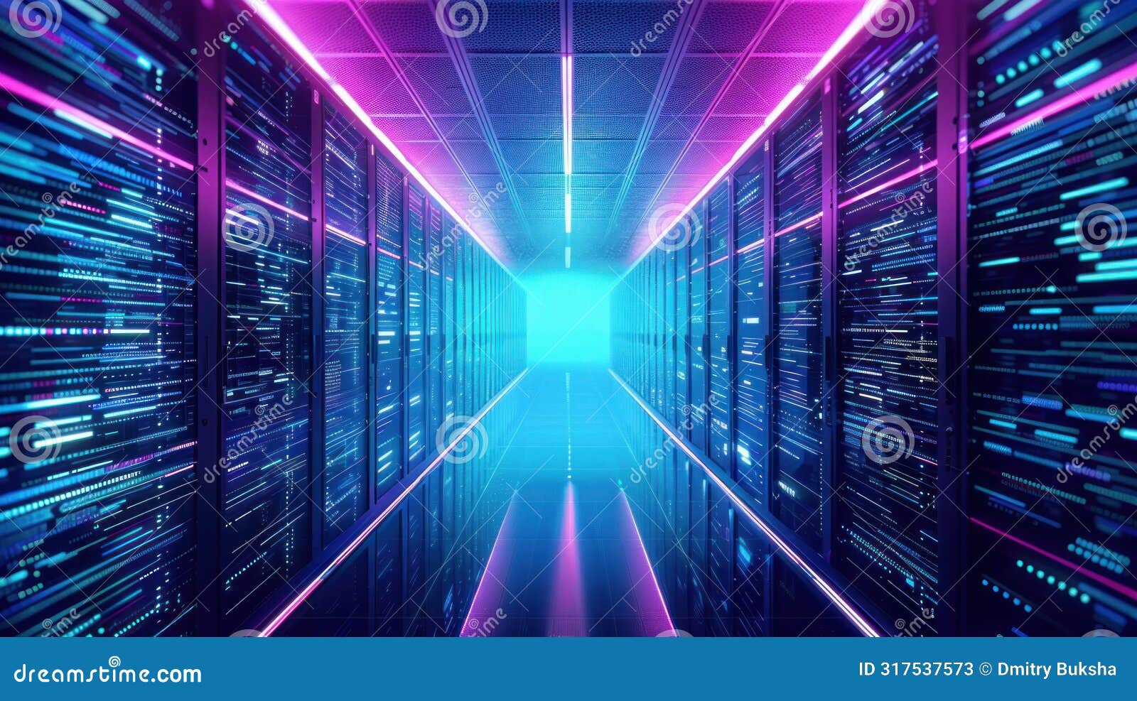 High-tech Data Center with Glowing Blue and Pink Neon Lights and Server ...