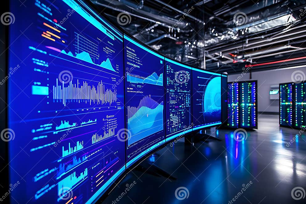High-tech Data Center with Large Curved Monitors Displaying Analytics and Graphs, Surrounded by ...