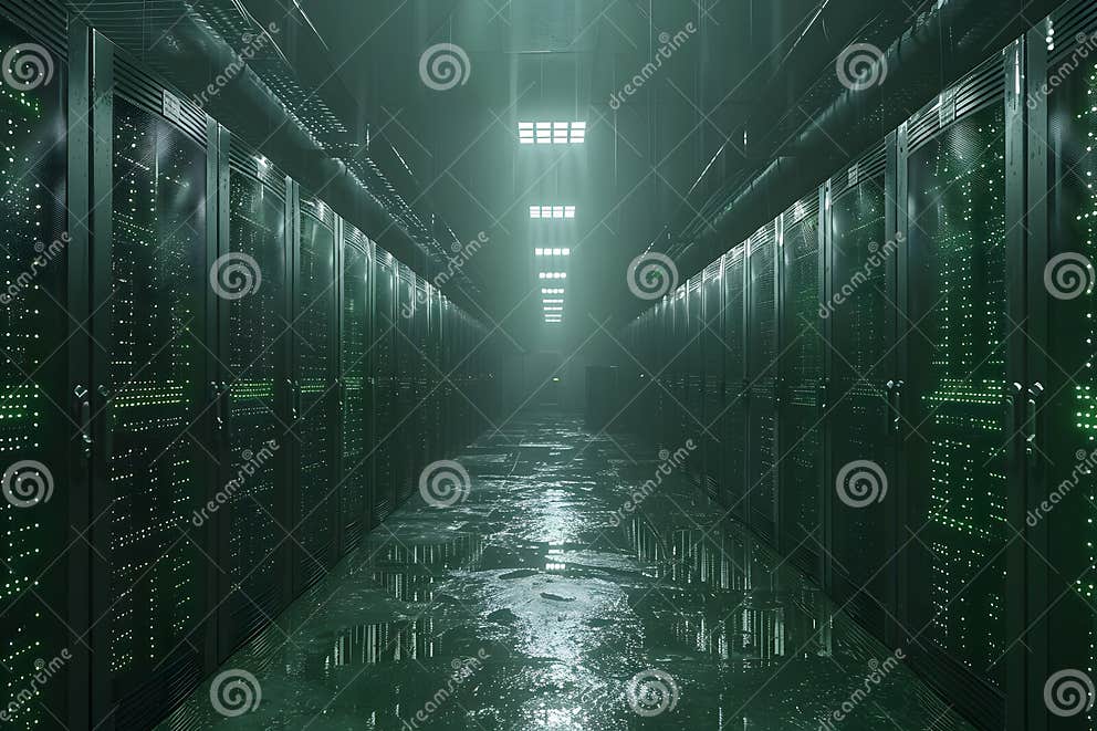 Futuristic Data Center with Rows of Server Racks in Ambient Green Light ...
