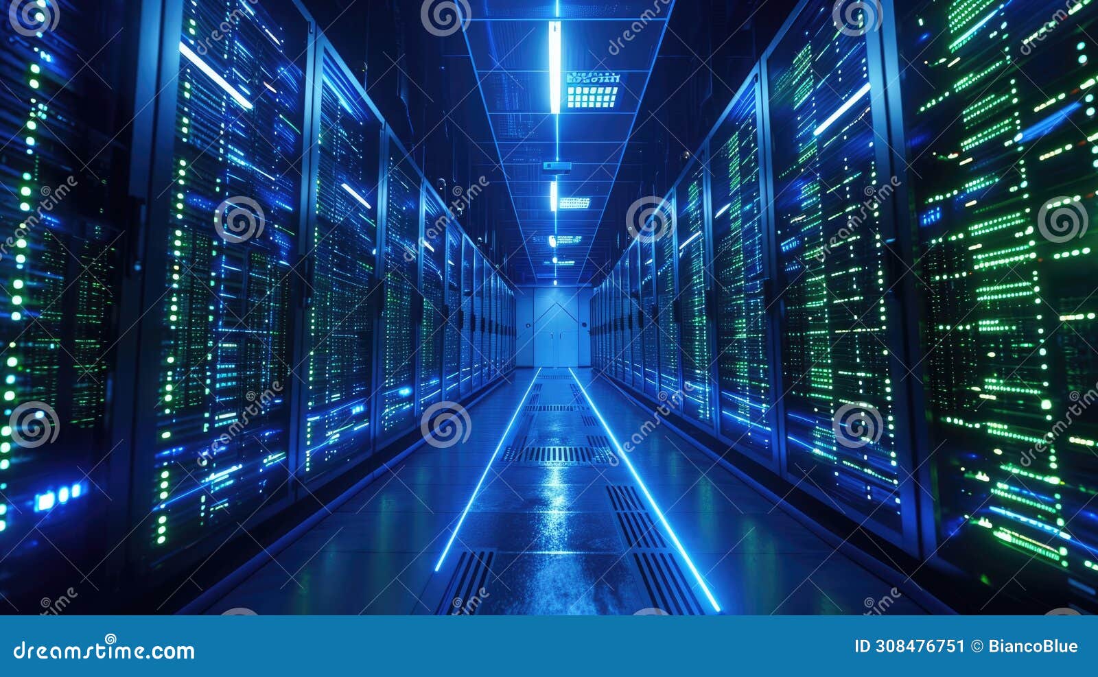 A High-tech Data Center with Rows of Servers, Blue and Green ...