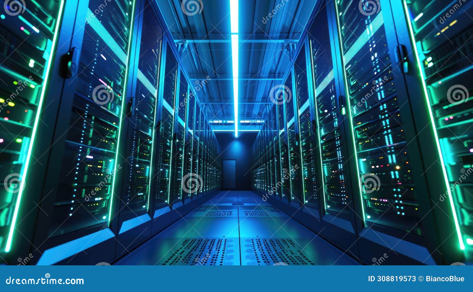 A High-tech Data Center with Rows of Servers, Blue and Green ...