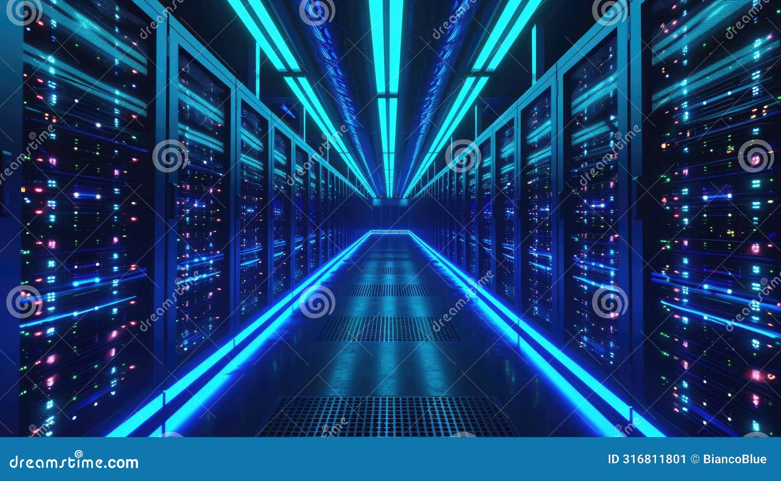 A High-tech Data Center with Rows of Servers, Blue and Green ...