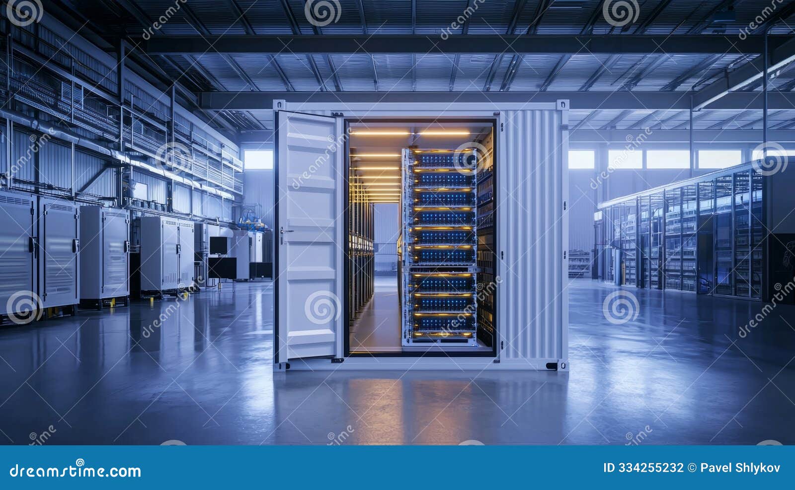 High-tech Data Center Unit Housed Inside an Open-door White Container ...
