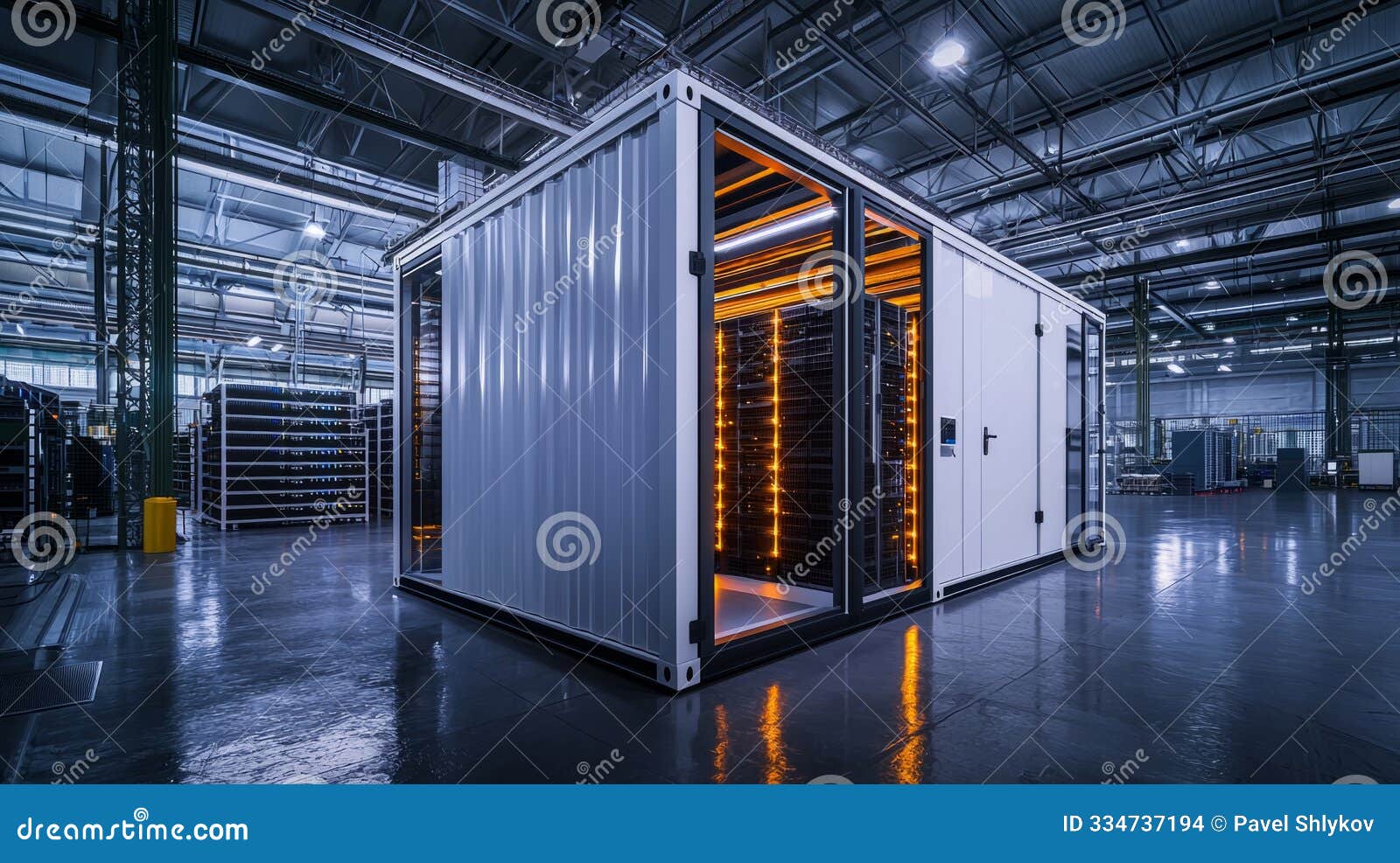 High-tech Data Center Unit Housed Inside an Open-door White Container ...