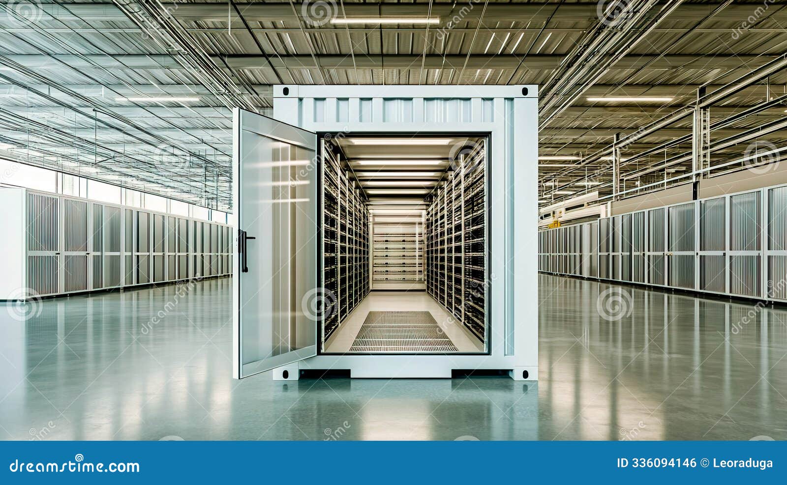 A High-tech Data Center Unit Housed Inside an Open-door White Container ...