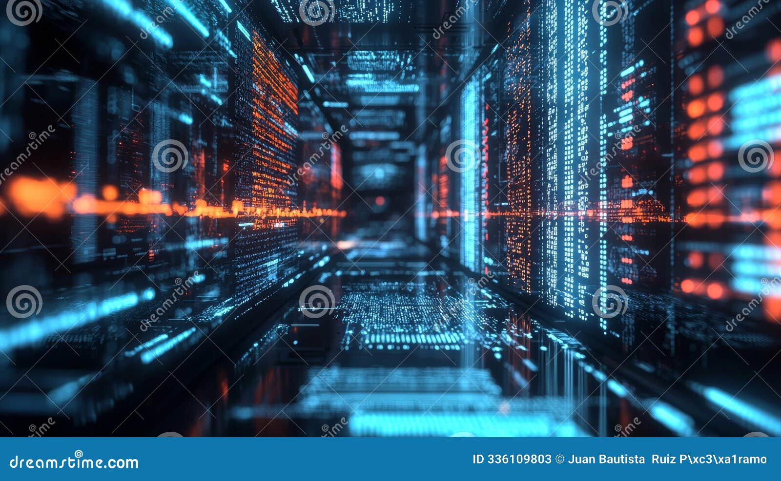 High-tech Data Corridor with Glowing Orange and Blue Digital Lines ...