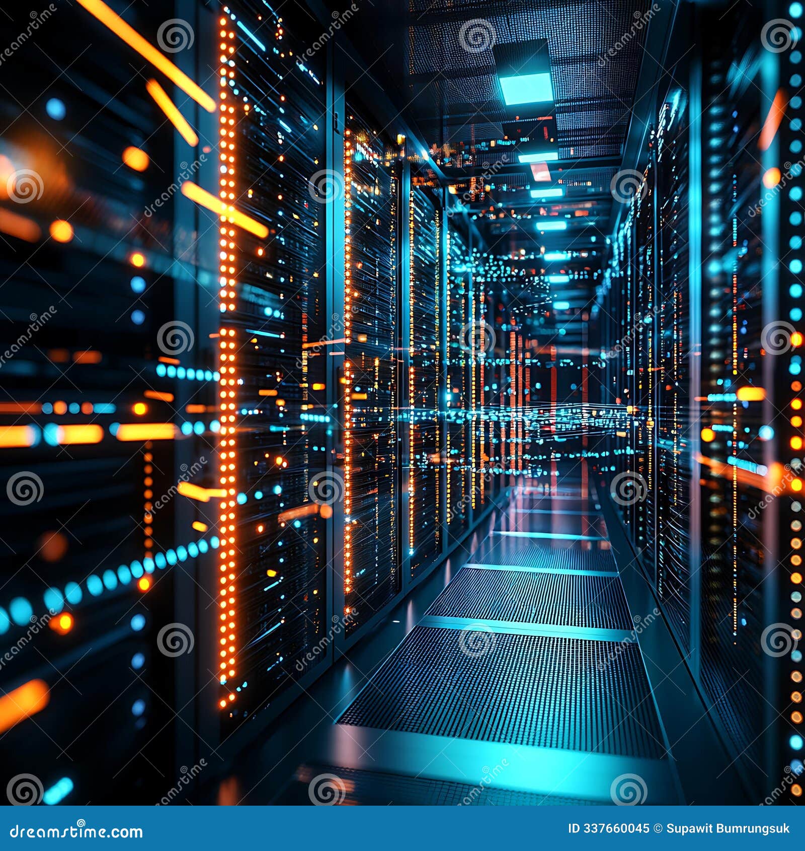 High-Tech Data Management in a Futuristic Server Room with Holographic Projections Stock Image ...