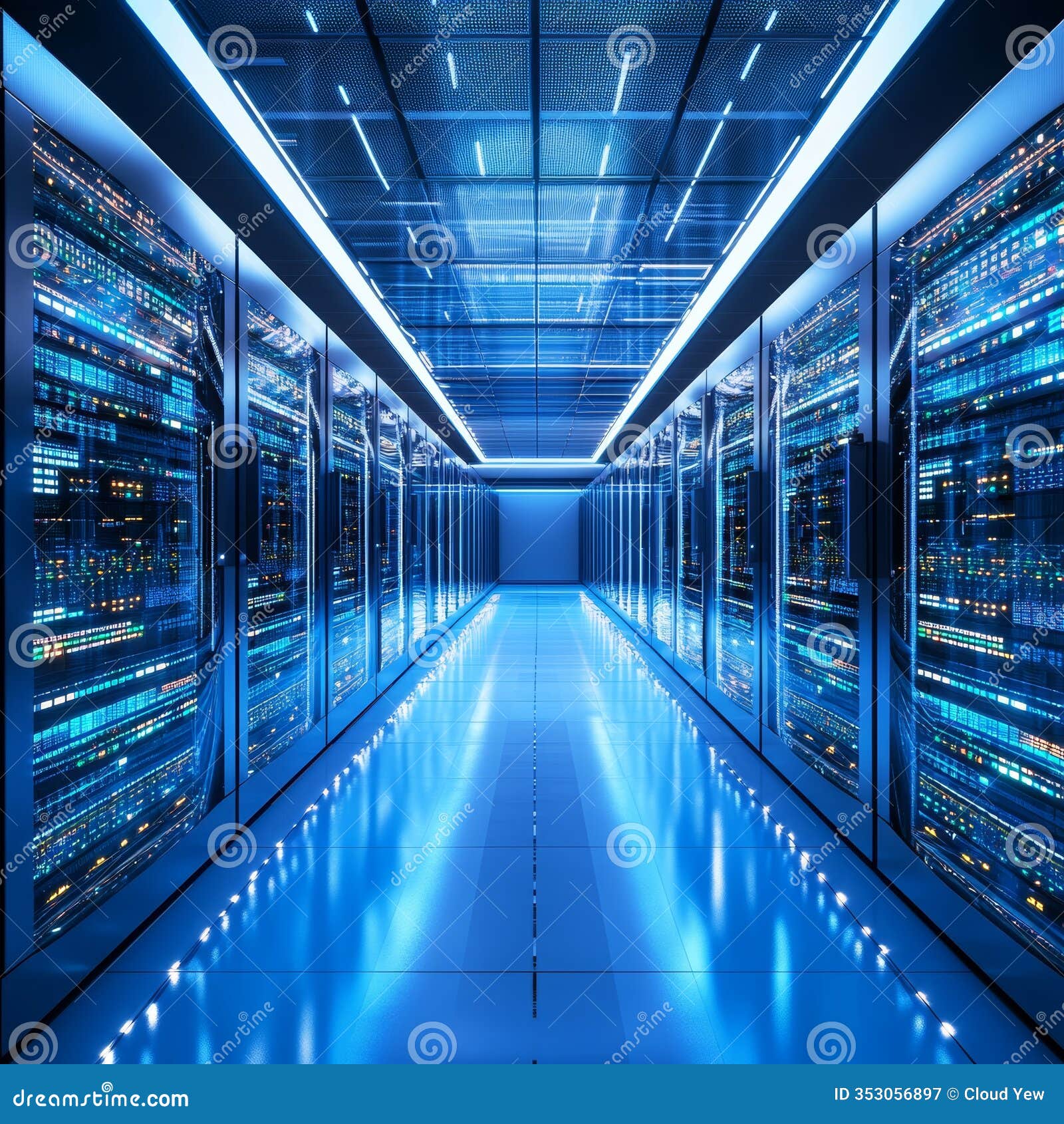 High-Tech Data Network Room with Illuminated Servers and Modern ...