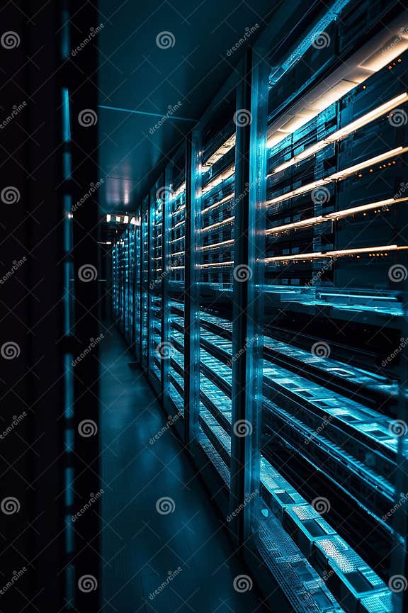 High-Tech Data Storage Room with Glowing Digital Shelves Illuminated by ...