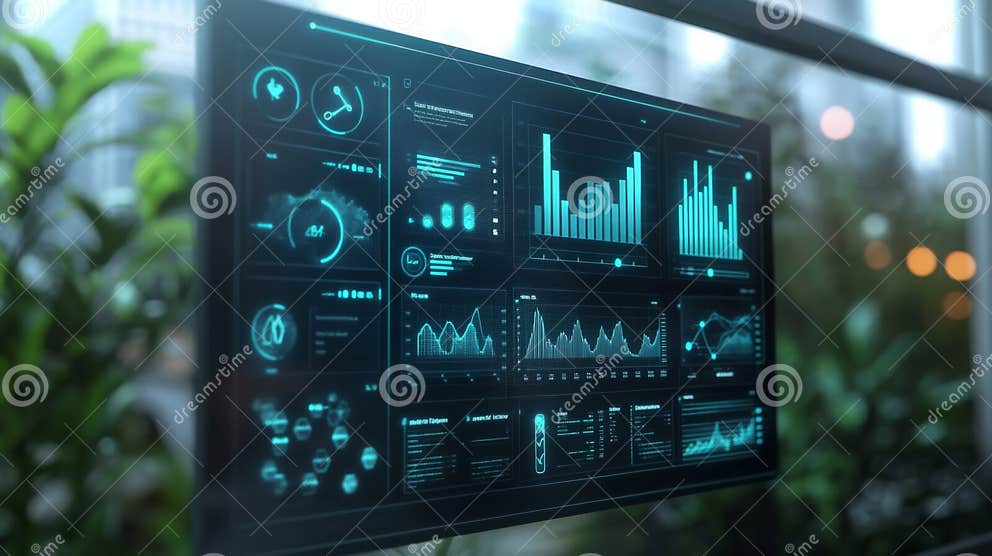 High-tech Data Visualization Screen Displaying Analytics and Metrics ...